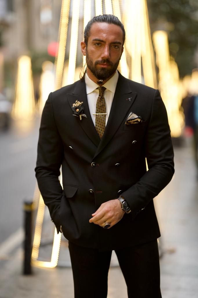 Leon Slim Fit Double Breasted Black Detailed Suit – FIVEGENT